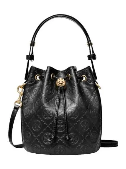 Tory Burch T Monogram Leather Mini Bucket Bag - Black