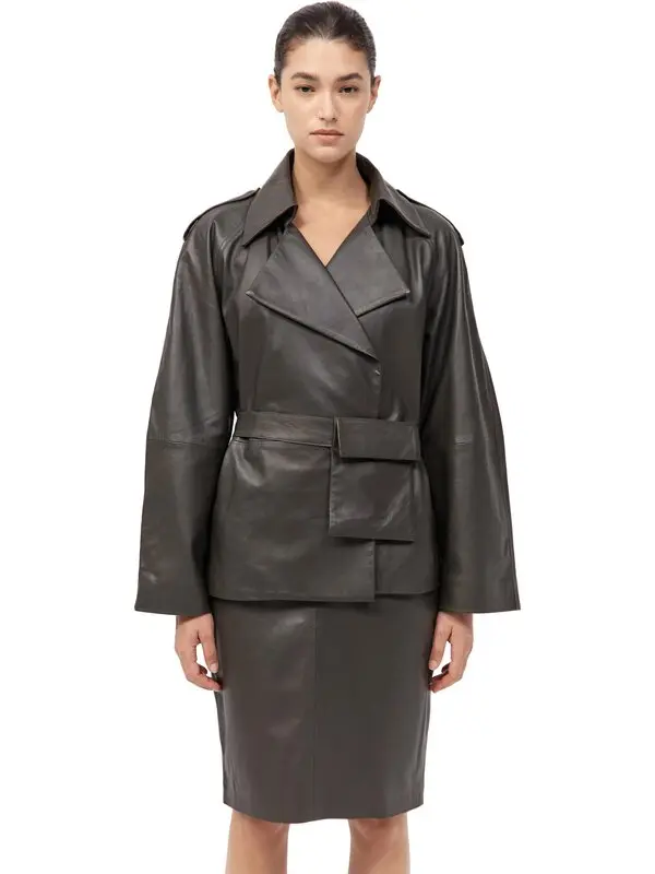 ST AGNI Cropped Leather Trench - Khaki