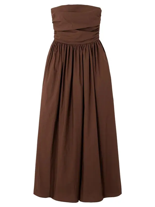 Matteau Strapless Gathered Organic Cotton-poplin Midi Dress - Brown