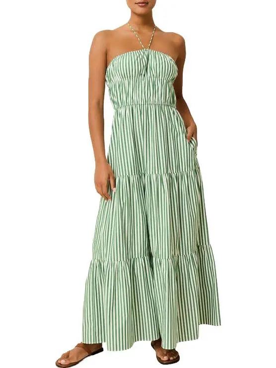 Solid & Striped The Jodie Stripe Halter Neck Maxi Sundress - Tennis Green