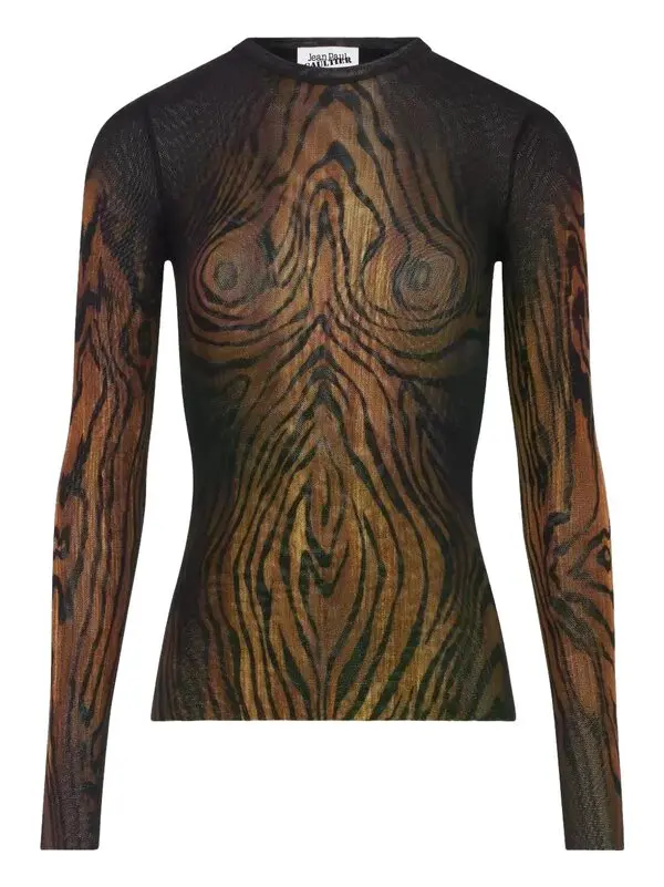JEAN PAUL GAULTIER Wood-print Mesh Top - Black