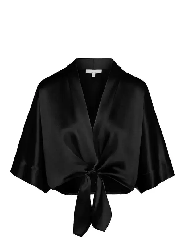 THE SEI Tie-front Satin Blouse - Black