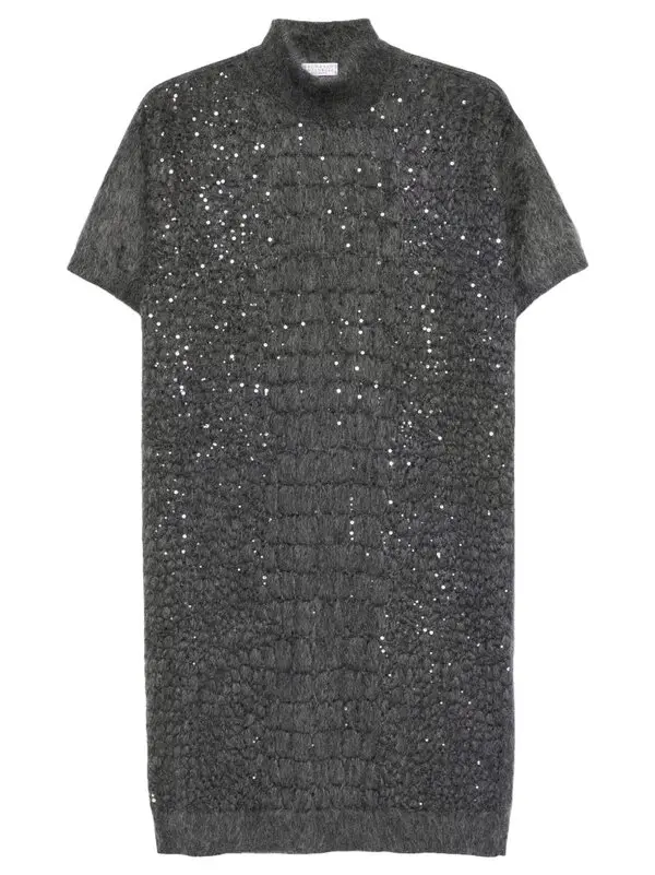 Brunello Cucinelli Sequin-embellished High-neck Dress - Grey