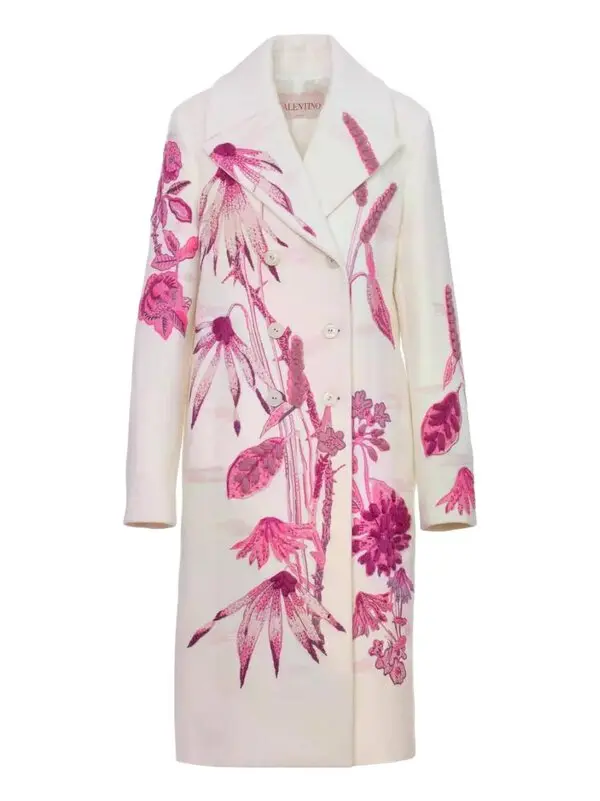 Valentino Garavani Floral-embroidered Double-breasted Coat - White