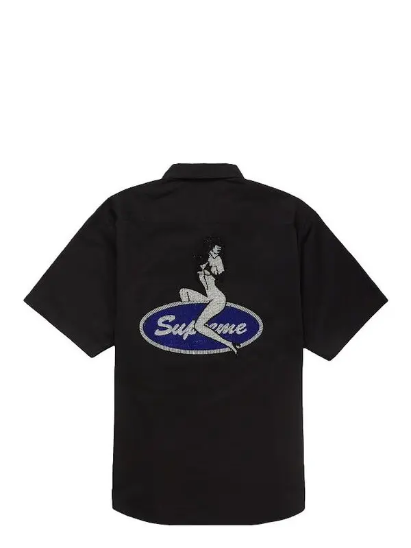 Supreme Rhinestone Pin Up Short Sleeve Work Shirt - Black