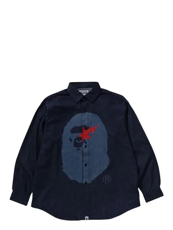 A BATHING APE Sta Ape Head Relaxed Fit Denim Long Sleeve Shirt - Blue/indigo