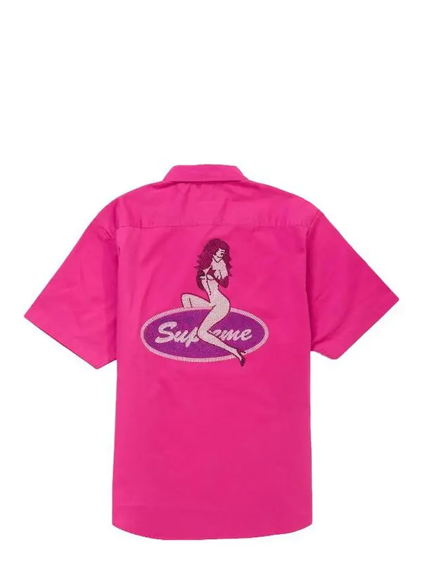 Supreme Rhinestone Pin Up Short Sleeve Work Shirt - Fuchsia