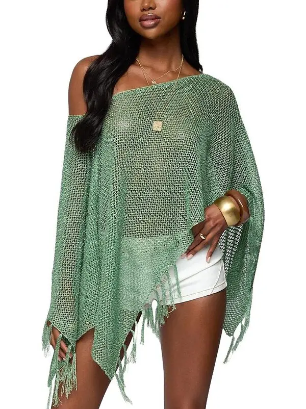 EDIKTED Sequin Fringe Knit Poncho - Green