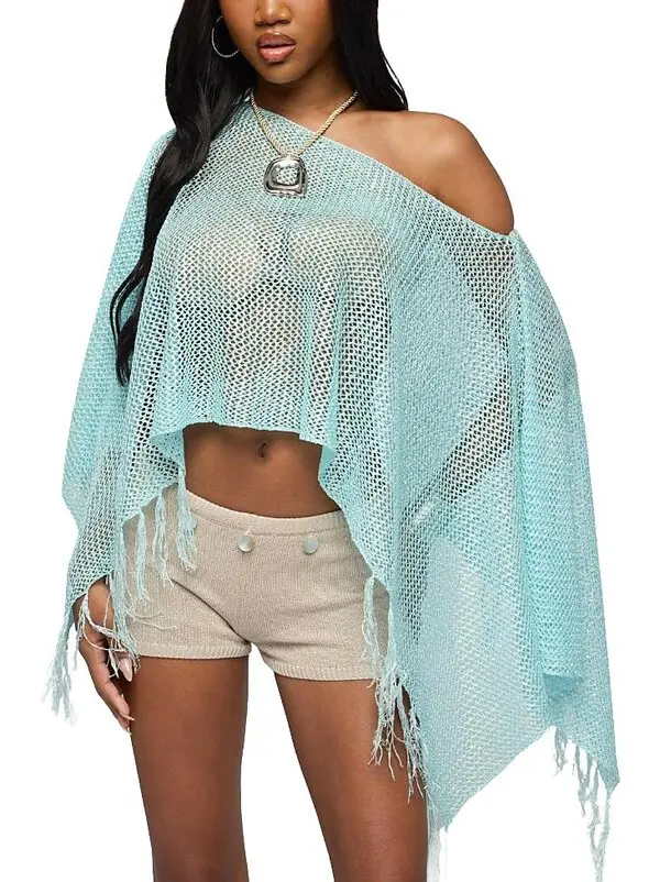 EDIKTED Sequin Fringe Knit Poncho - Light-blue