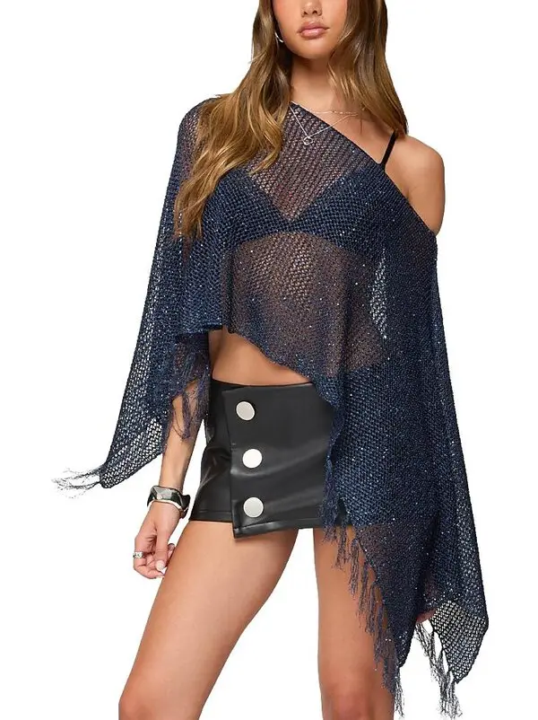 EDIKTED Sequin Fringe Knit Poncho - Navy