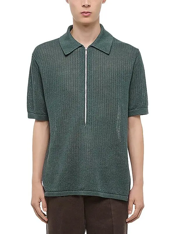 Helmut Lang Regular Fit Half Zip Linen Polo Sweater - Blue Green