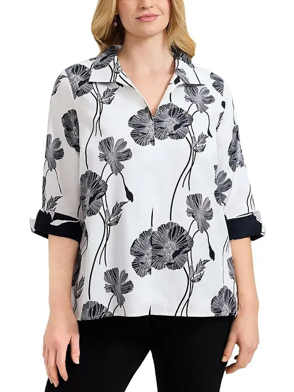 Foxcroft Agnes Popover Top - White/ Black