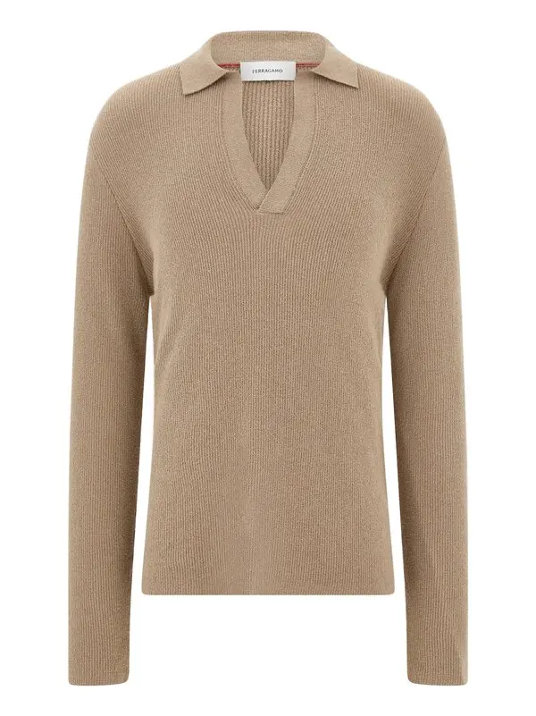 FERRAGAMO Long Sleeve Polo Shirt - Beige