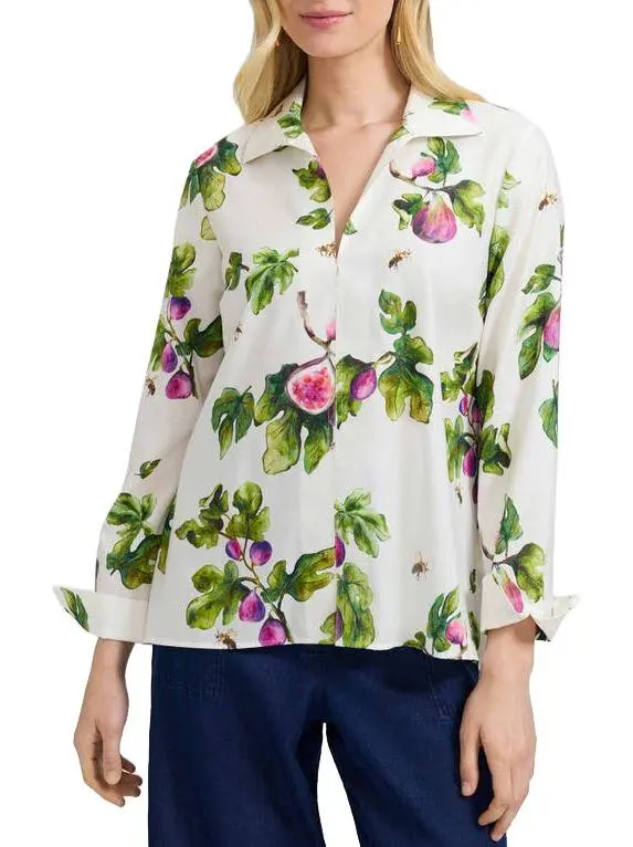 Foxcroft Agnes Figs Print Popover Top - Ivory/ Multi