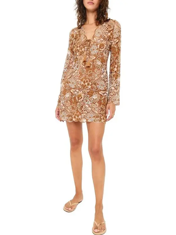 Cami Nyc Madeira Long Sleeve Lace Overlay Mini Dress - Brown