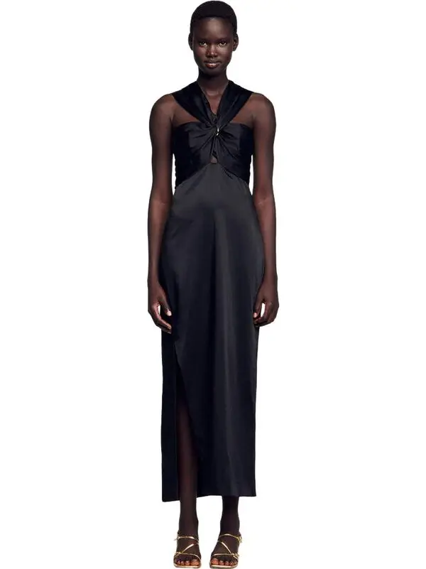Sandro Satin-effect Maxi Dress With Slit - Black