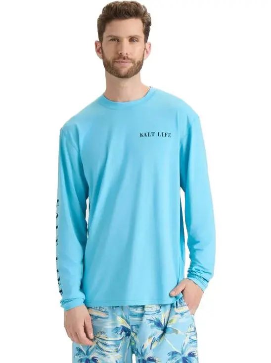 SALT LIFE Jaws Of Steel Long Sleeve Performance Pocket Tee - Cyan Heather