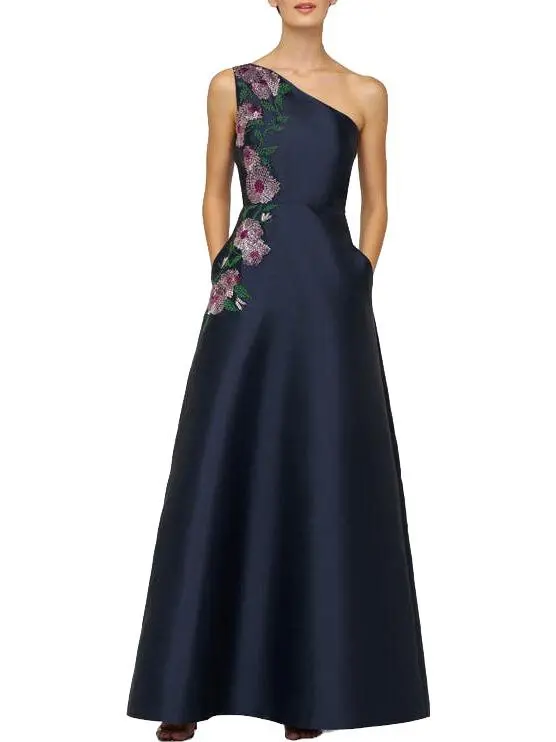 KAY UNGER Giada Beaded One-shoulder Gown - Dark Midnight