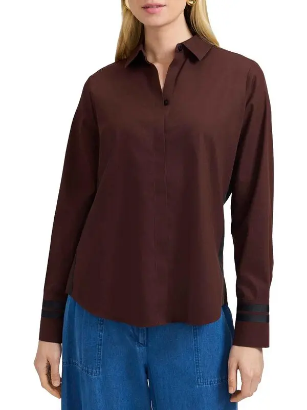 Foxcroft Brooke Grosgrain Trim Cotton Button-up Shirt - Chicory Coffee