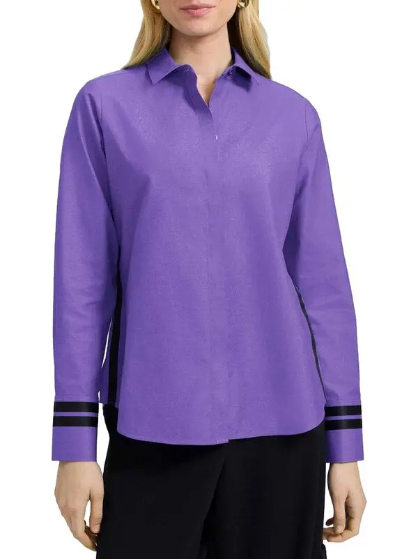 Foxcroft Brooke Grosgrain Trim Cotton Button-up Shirt - Royal Purple