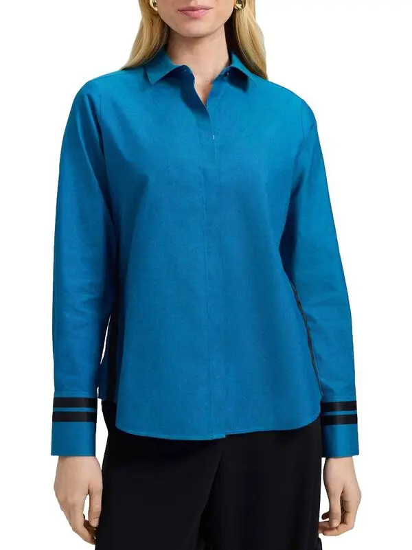 Foxcroft Brooke Grosgrain Trim Cotton Button-up Shirt - Teal