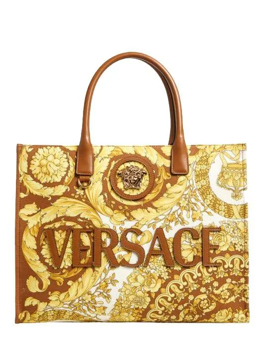 Versace La Medusa Logo Floral Tote - Brown Spice Brown Gold