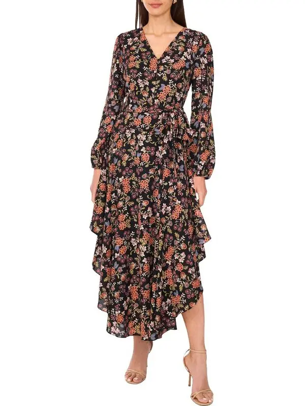 Vince Camuto Floral Long Sleeve Asymmetric Hem Dress - Rich Black
