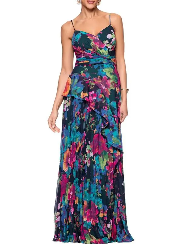 XSCAPE EVENINGS Printed Pleated Chiffon Maxi Dress - Navy/ Multi