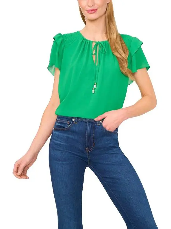 CECE DUPRAZ Tie Neck Flutter Sleeve Top - Medium Green