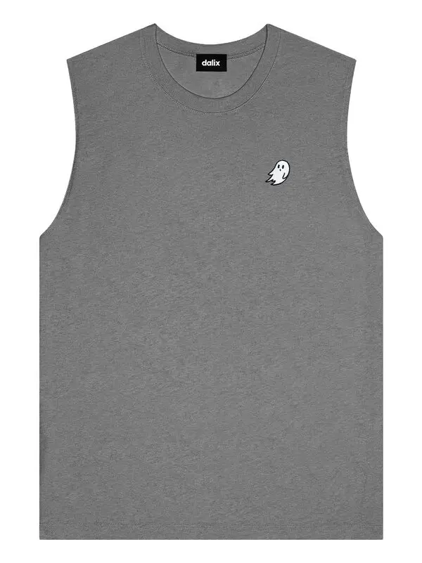 DALIX Ghost Embroidered Lightweight Cotton Muscle Tank - Deep Htr