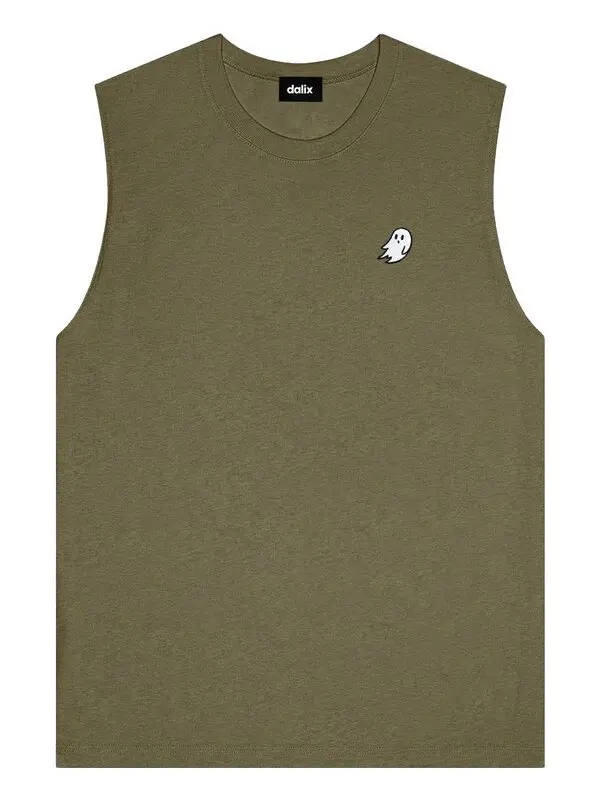 DALIX Ghost Embroidered Lightweight Cotton Muscle Tank - Heather Olive