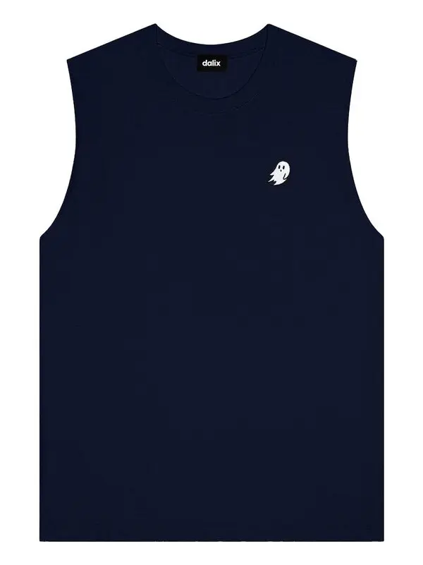 DALIX Ghost Embroidered Lightweight Cotton Muscle Tank - Navy Blue
