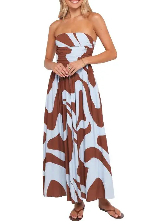 PETAL & PUP Nesta Strapless Maxi Dress - Brown/blue