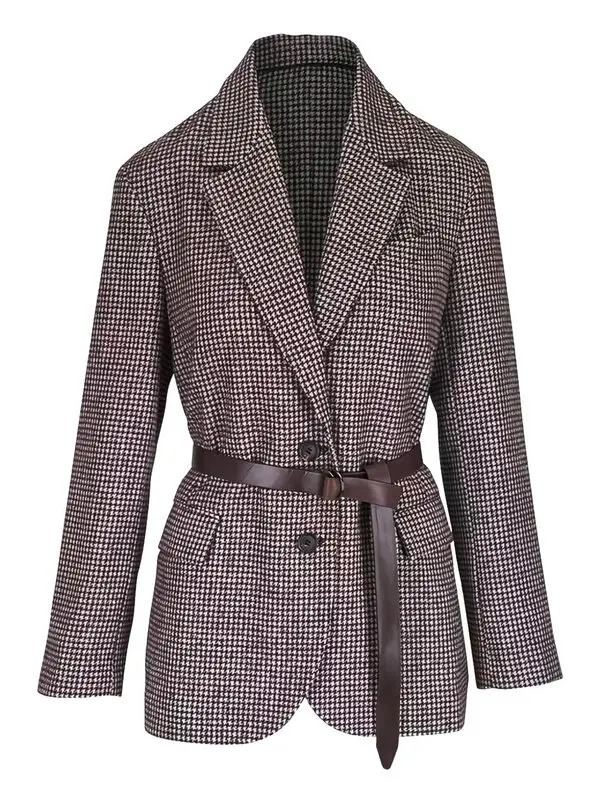 Brunello Cucinelli Houndstooth Blazer With Belt - Brown