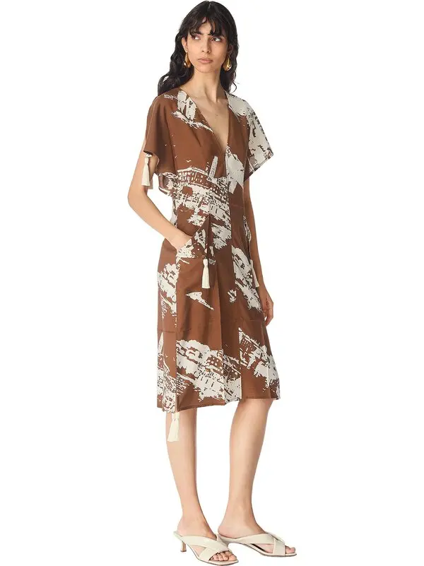 Bottega Veneta Italian Postcard Printed Silk Shantung Midi Dress - Pecan/dove