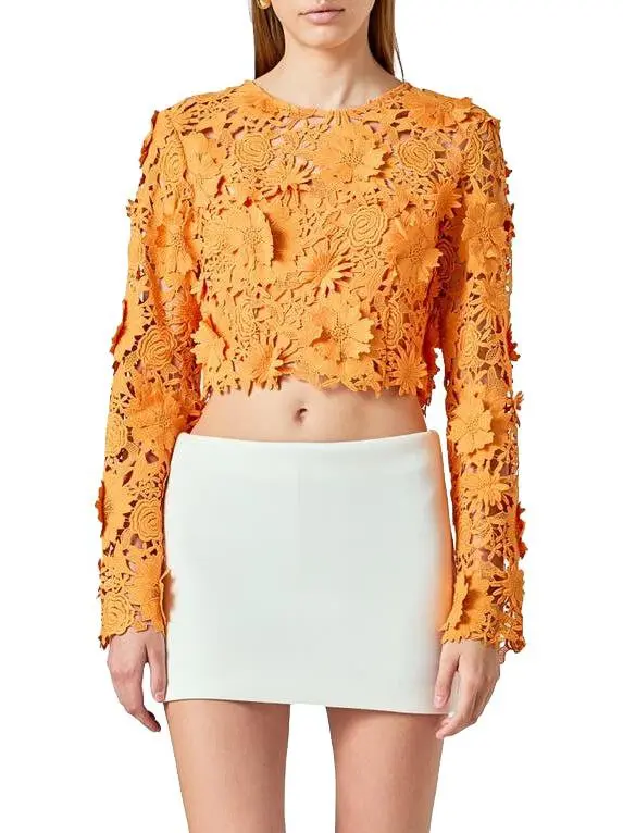 Endless Rose Floral Lace Long Sleeve Crop Top - Orange