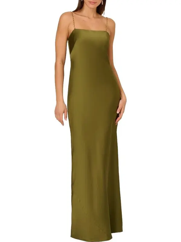 Adrianna Papell Beaded Strap Satin Gown - Jungle Olive