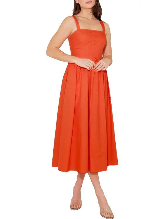 FREEMARKET Belted Cotton Midi Dress - Tomato