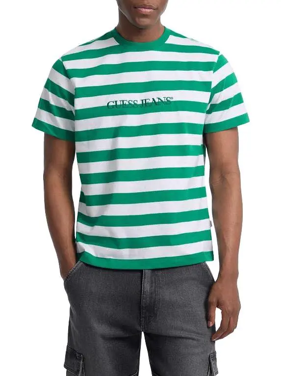 Guess Yarn Dye Stripe Organic Cotton T-shirt - Dark Green