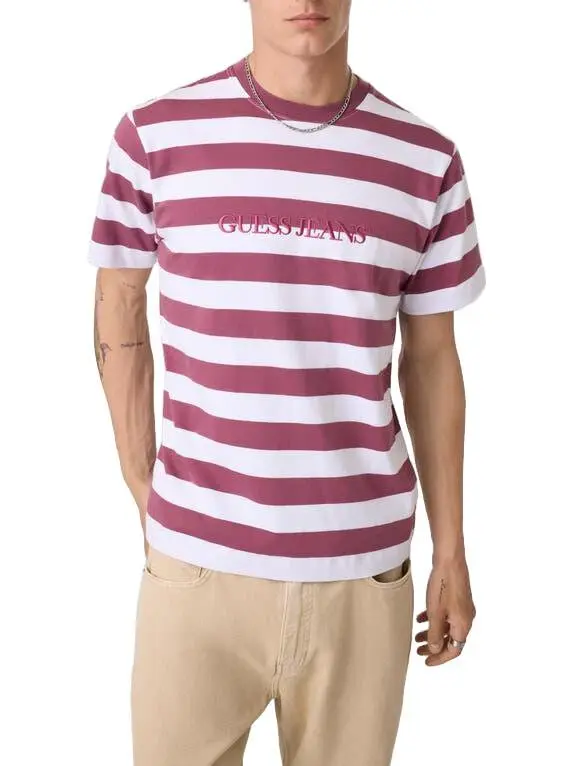 Guess Yarn Dye Stripe Organic Cotton T-shirt - White/berry