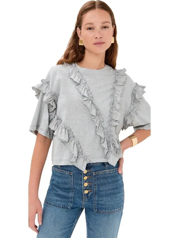 Ulla Johnson Sydney Short Sleeve Ruffle Tee - Slate Melange