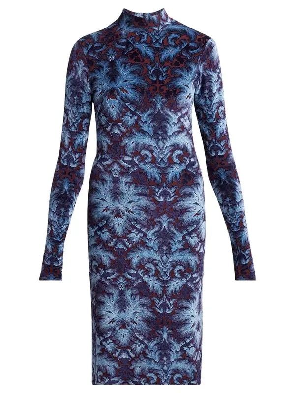 Etro Long-sleeve Burnout Midi Dress - Multicolour On Blue