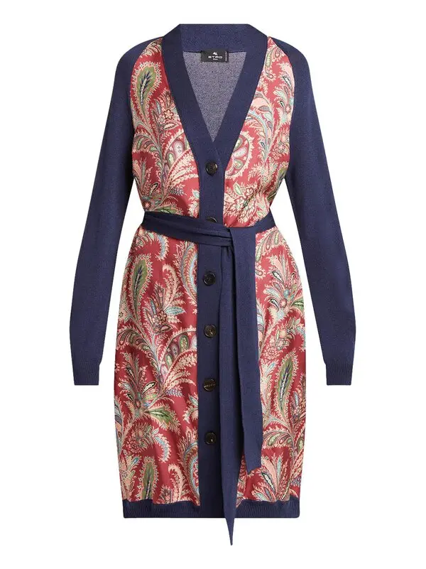 Etro Floral Foulard-panel Belted Long Cardigan - Print On Bordeaux Ba
