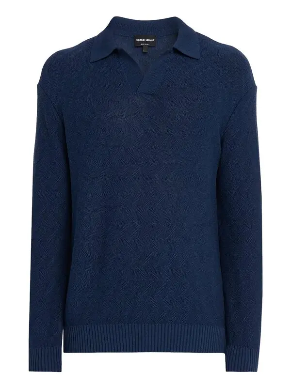Giorgio Armani Cotton Chevron Johnny Collar Sweater - Solid Medium Blue