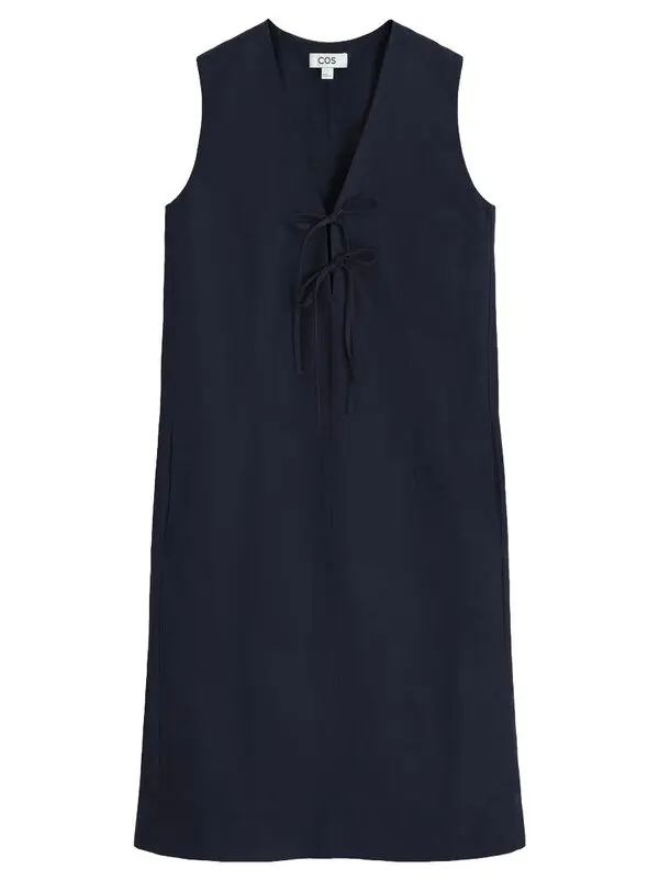 Cos Linen-blend Tie-front Midi Dress - Navy