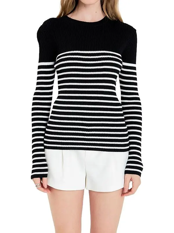 English Factory Stripe Long Sleeve Knit Top - Black/white