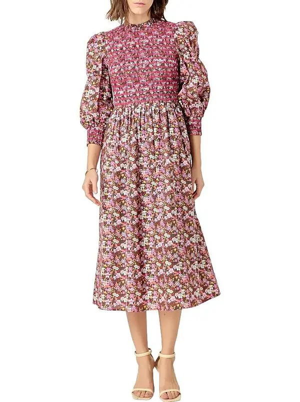 English Factory Smocked Midi Dress - Pink