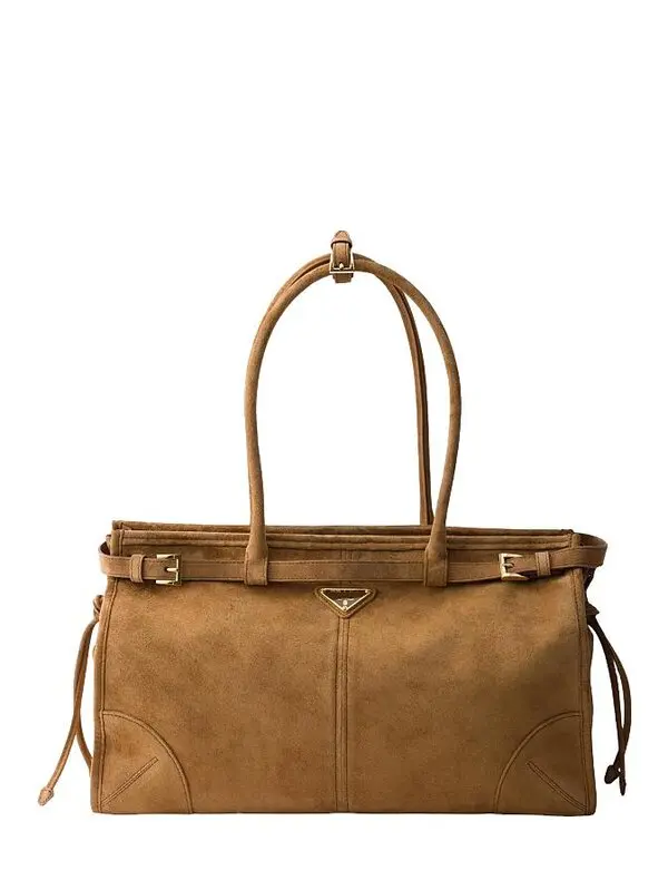 Prada Large Convertible Suede Shoulder Handbag - Cinnamon