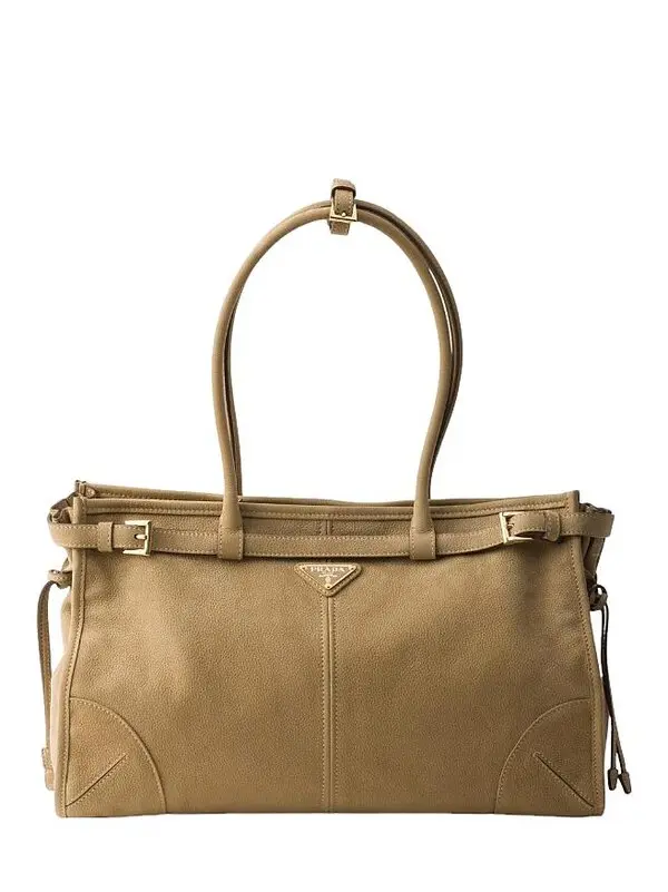Prada Large Convertible Suede Shoulder Handbag - Neutral