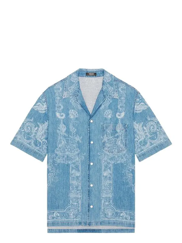 Versace Laser Denim Holiday Print Shirt In Blue - Washed Medium Blue